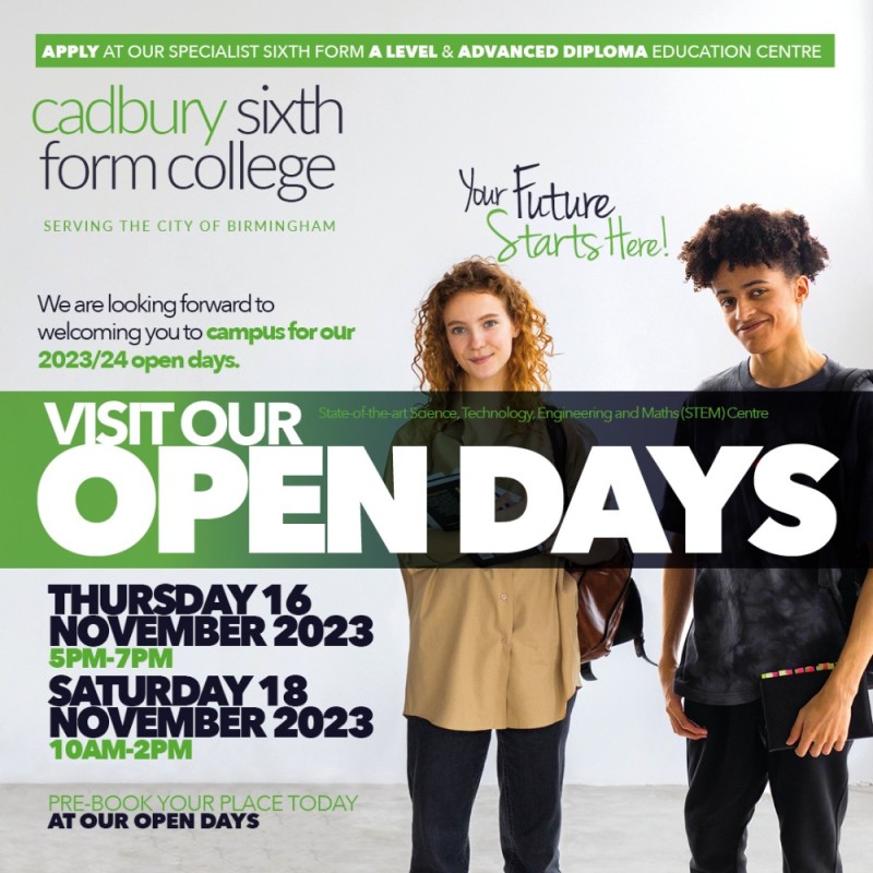 Register Here – Open Day Saturday 12th October – Cadbury Sixth Form College