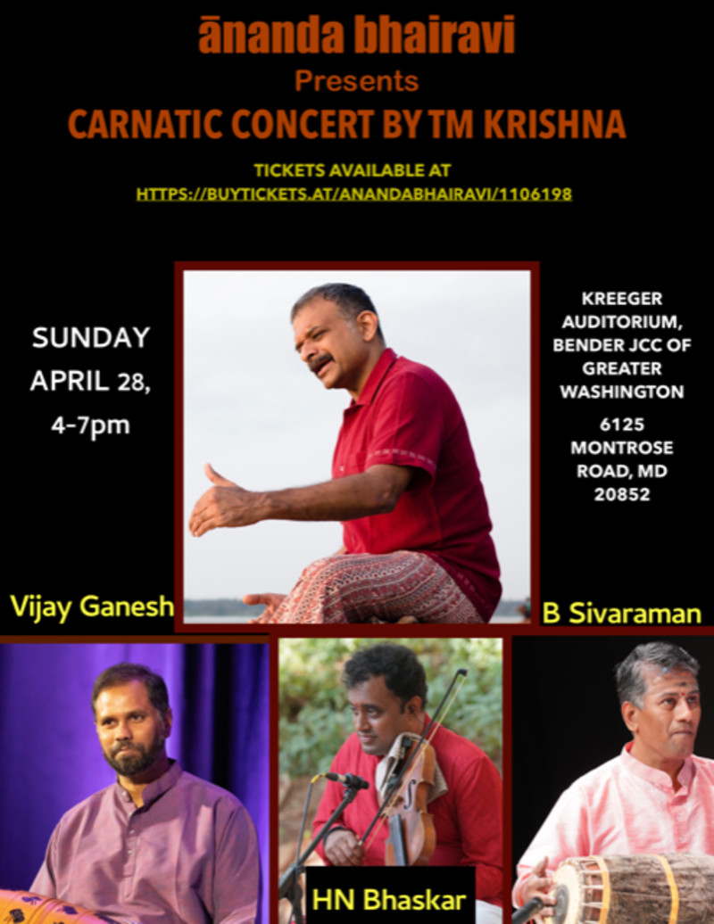 Buy tickets – TM Krishna Carnatic Music Concert 28 Apr – Kreeger ...